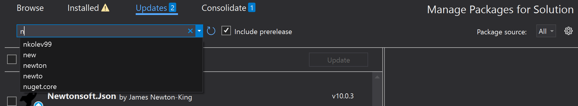 Nuget Ui Search Dropdown Does Not Show Recent Queries In Nuget Packages Manager Window · Issue