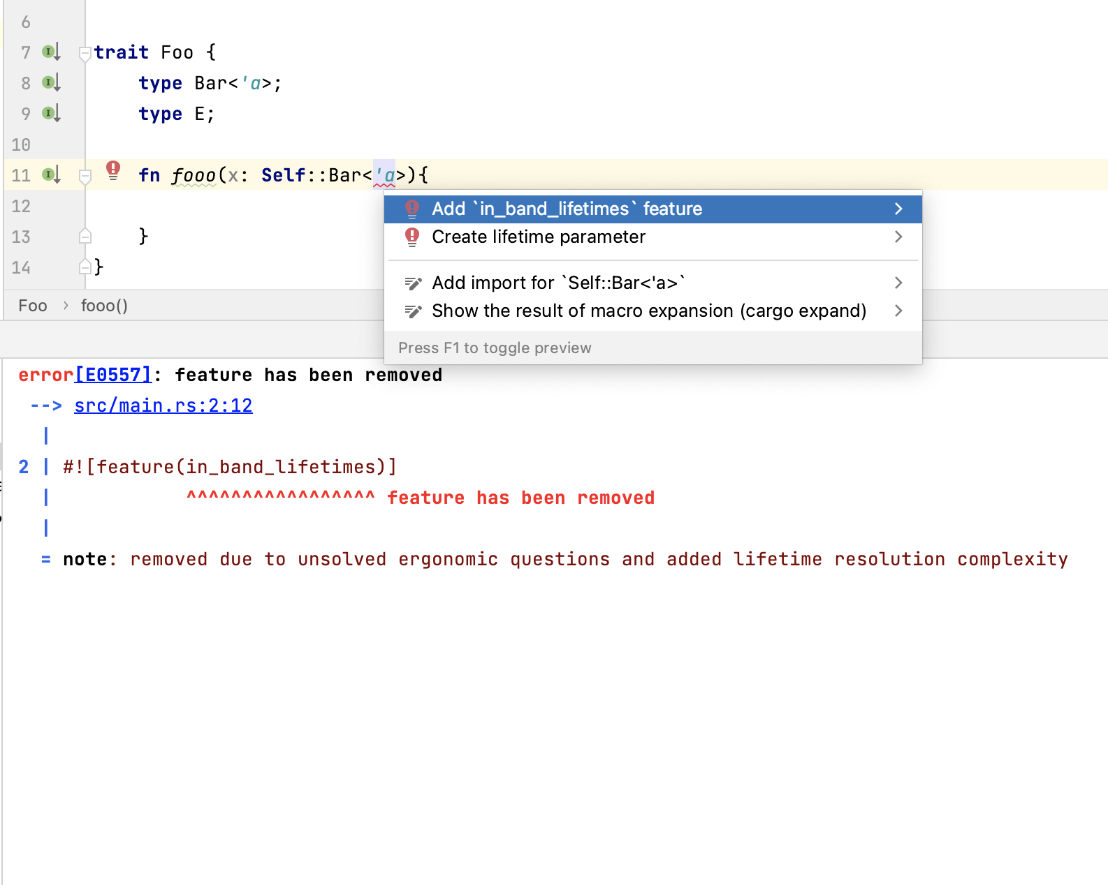 Quick Fix Suggests Removed Feature `inbandlifetimes` · Issue 9386