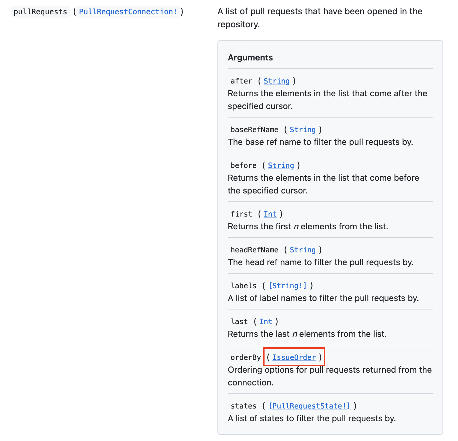 Wrong type for the 'orderBy' argument of 'pullRequests' field of 'repository' object in the ...