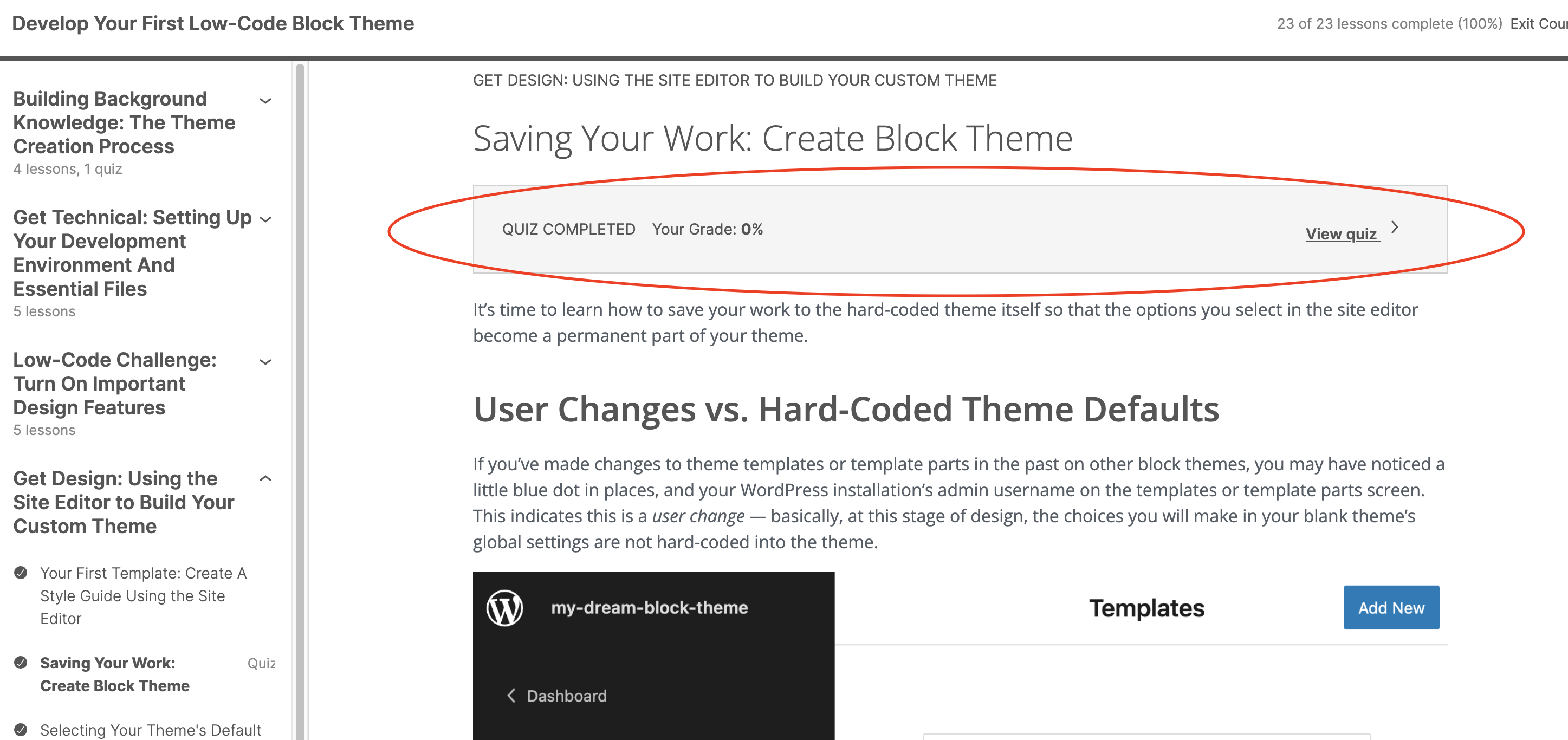 Learn WordPress Content Feedback - broken 'quiz' link + repeating 'no ...