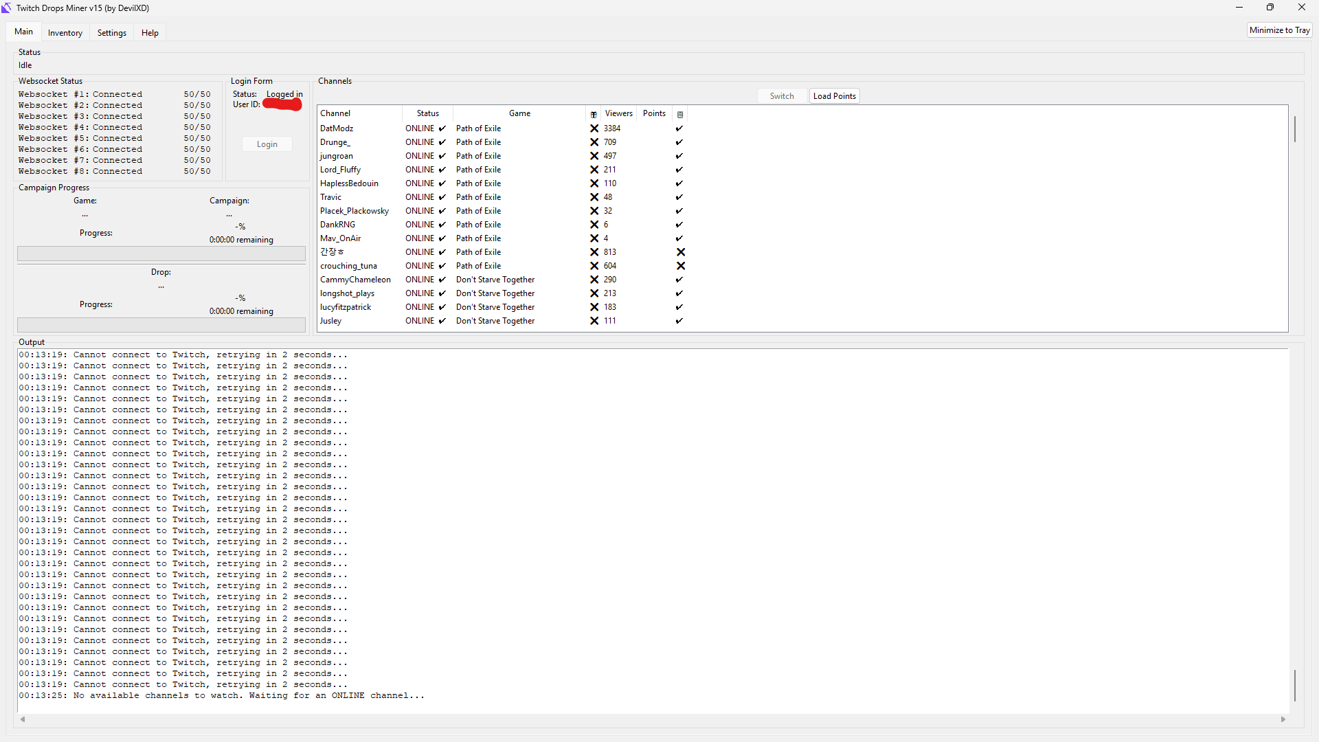 "No available channels to watch." · Issue #260 · DevilXD/TwitchDropsMiner · GitHub