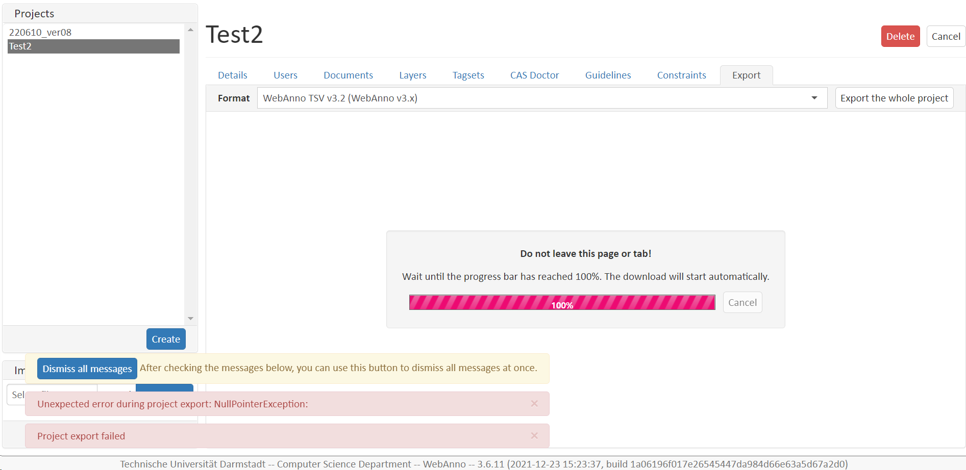 'Project Export failed' happened when the relation between character level 'Named Entities' is ...