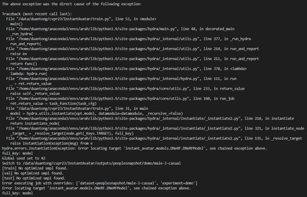 Error locating target 'instant_avatar.models.DNeRF.DNeRFModel' · Issue #1 · tijiang13 ...