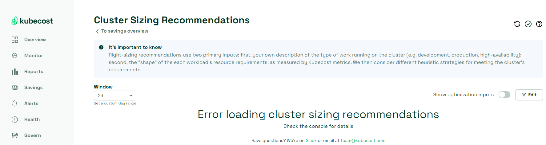 Loading Error Message On Cluster Sizing Recommendations Page · Issue 2101 · Opencostopencost 