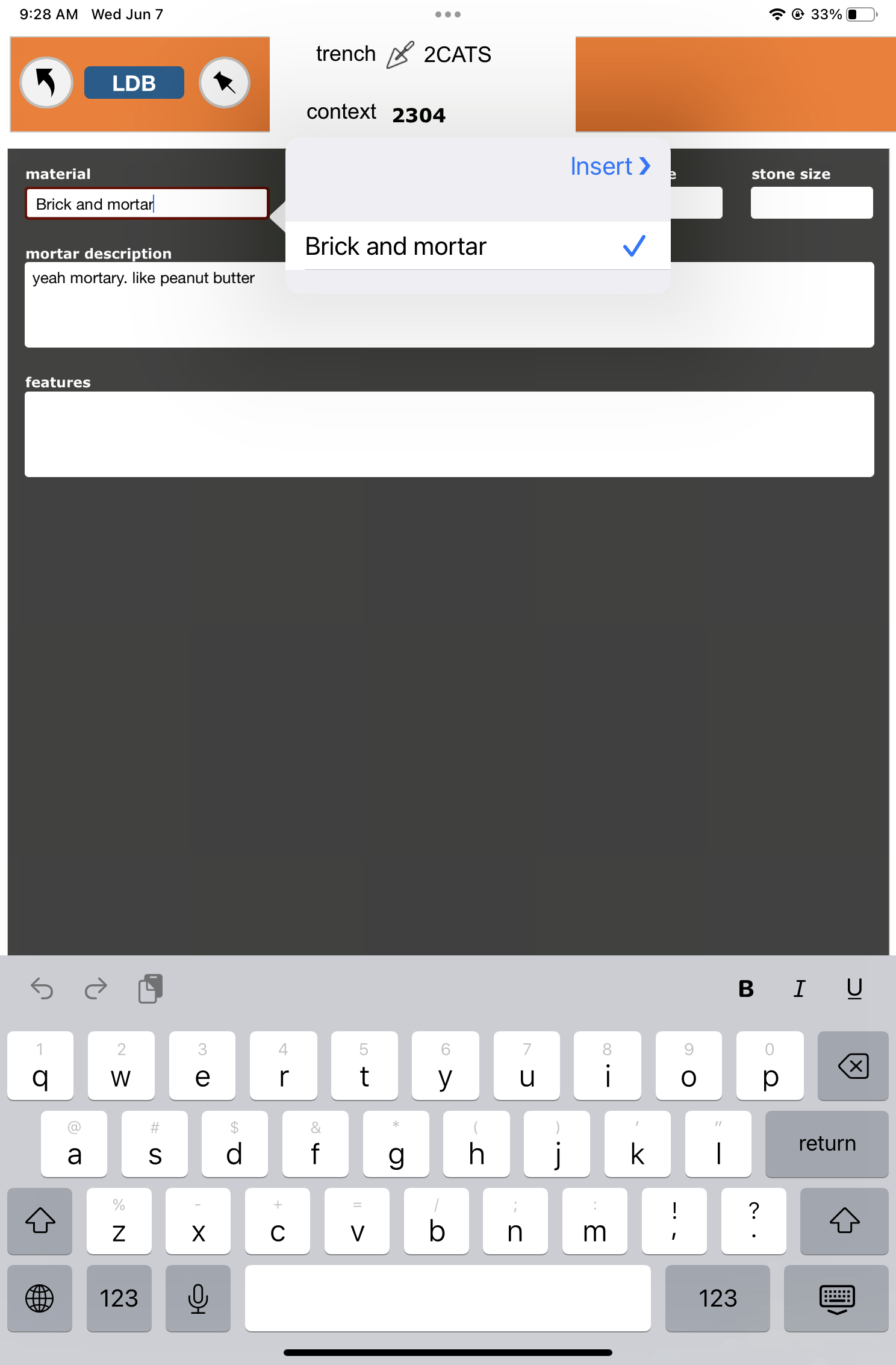 Filemaker: insert for material type in architecture details instead of just a drop down list ...