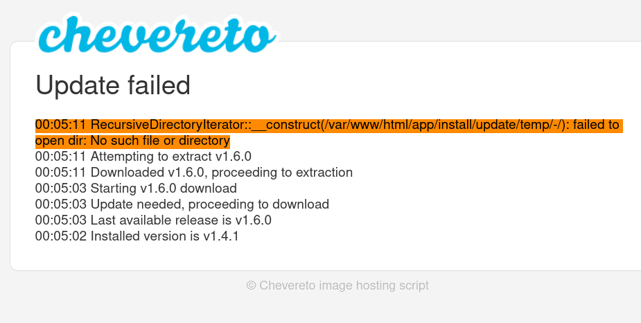 RecursiveDirectoryIterator::__construct(/var/www/html/app/install/update/temp/-/): failed to ...