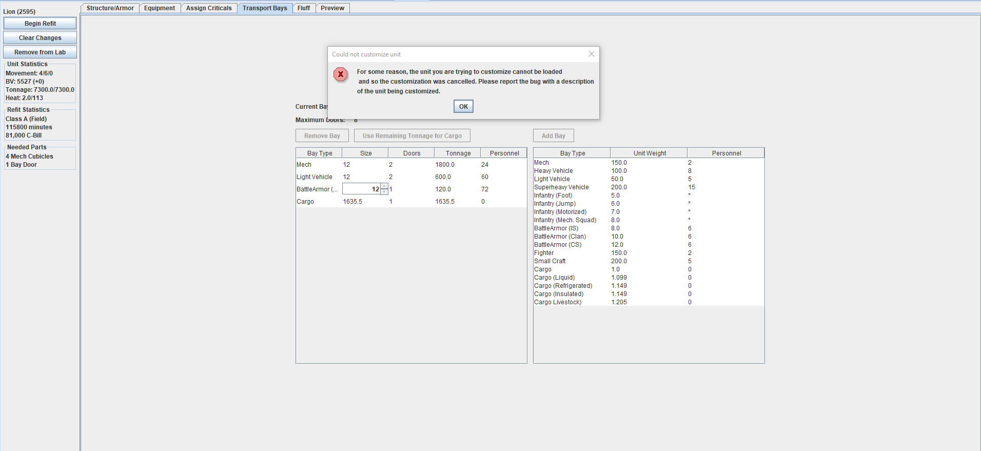 Error when modifying Lion dropship · Issue #2687 · MegaMek/mekhq · GitHub