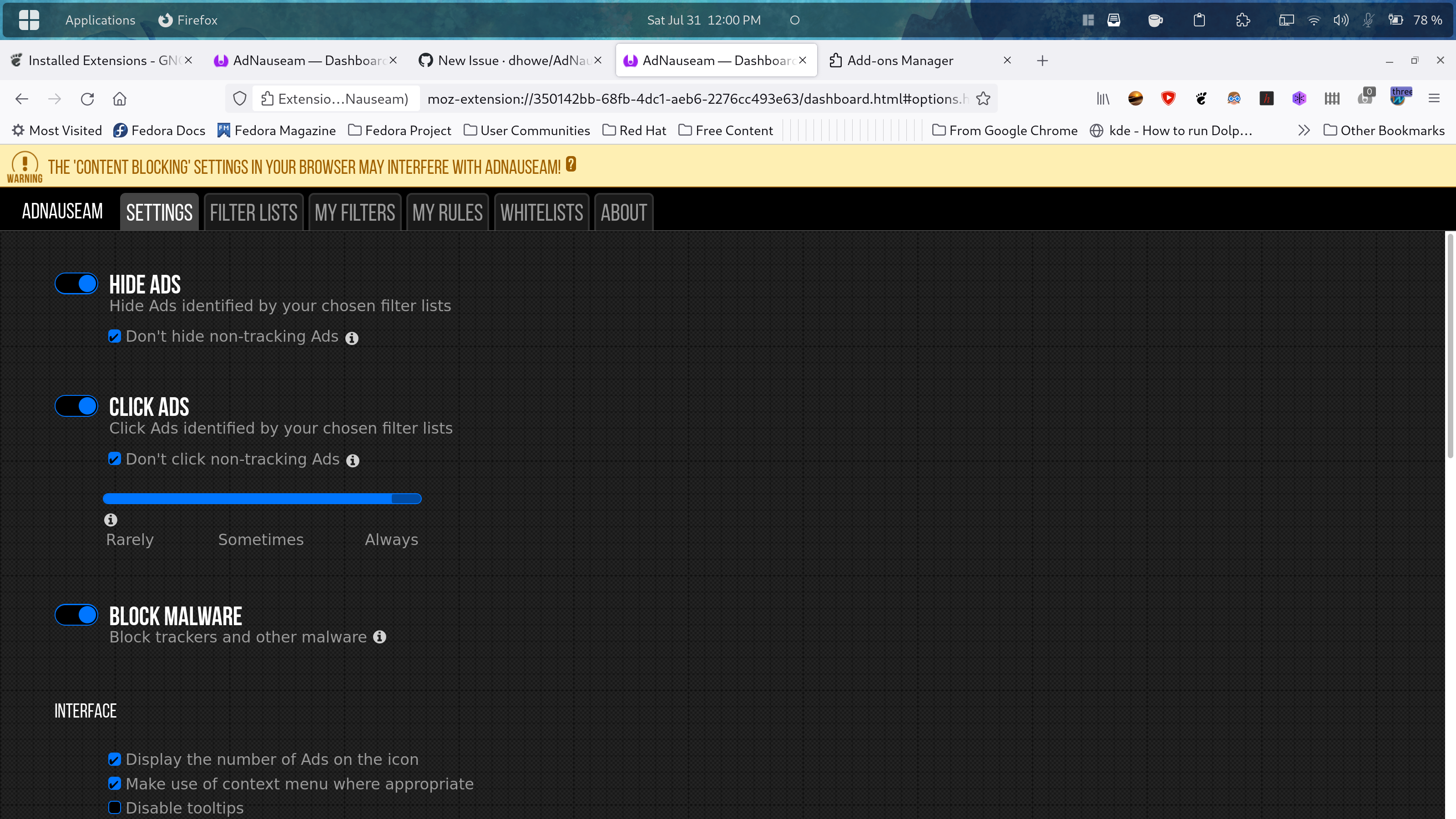 Add setting option to disable warnings · Issue #1910 · dhowe/AdNauseam · GitHub