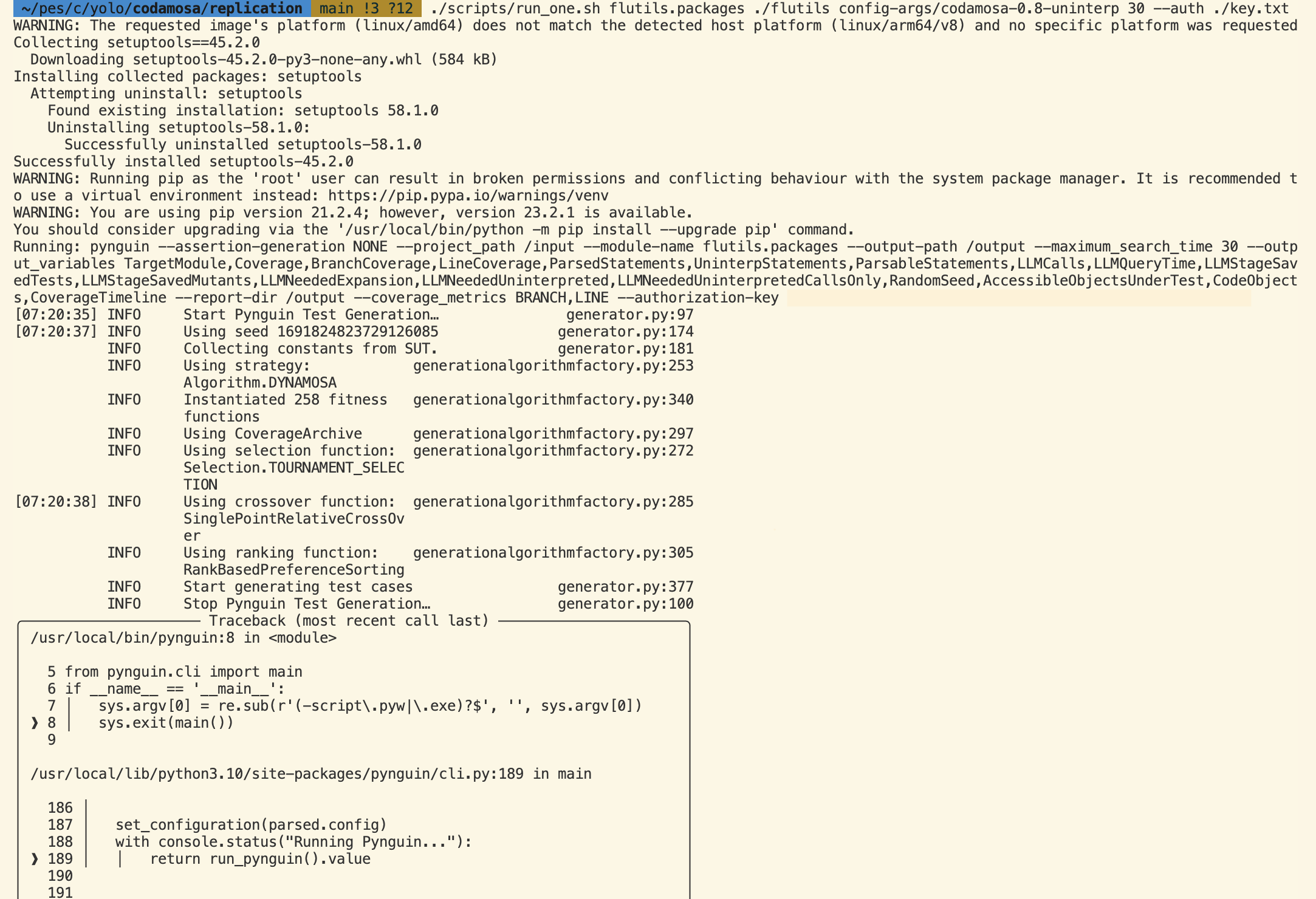 Pynguin crashes while trying to replicate results · Issue #20 · microsoft/codamosa · GitHub