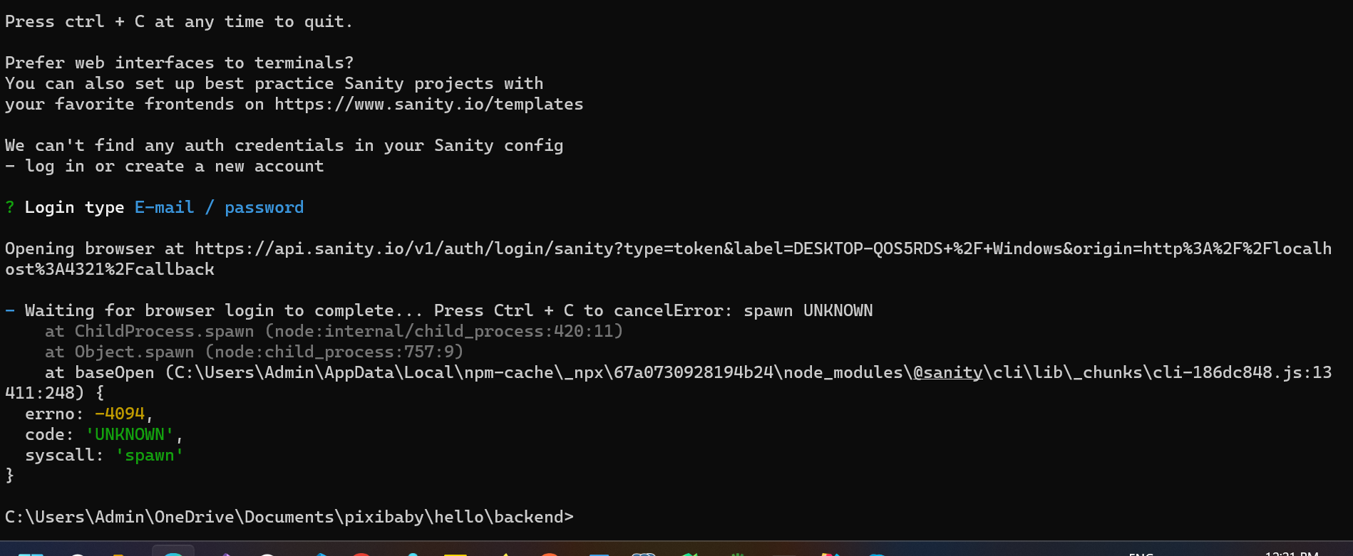 login failure in sanity 3.9.1 windows 11 errno: -4094, code: 'UNKNOWN', syscall: 'spawn' · Issue ...