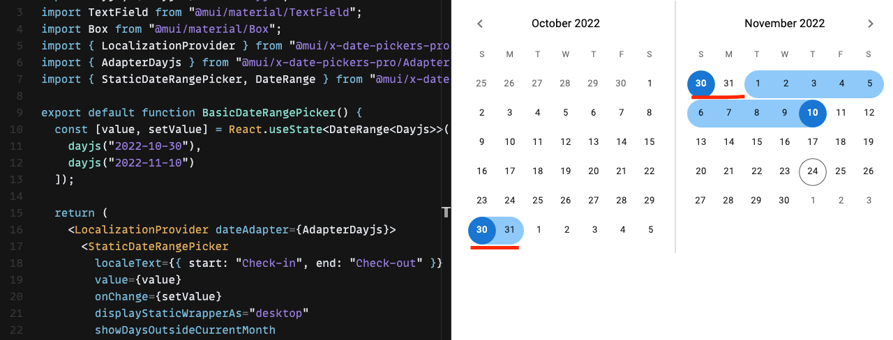 [DateRangePicker] Strange selected days highlighting with `showDaysOutsideCurrentMonth` · Issue ...