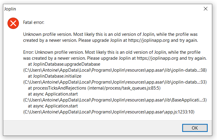 Fatal Error : Unknow profile version · Issue #3437 · laurent22/joplin · GitHub