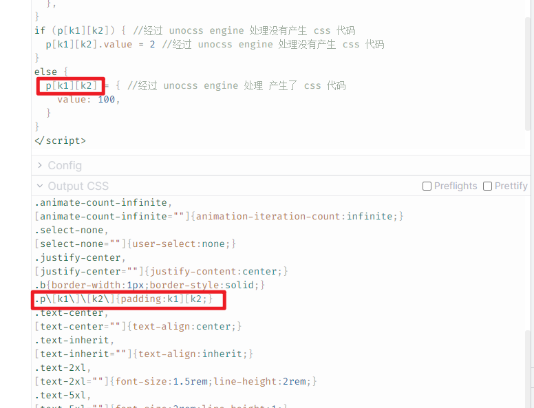 unocss engine transform javascript code like ` p[k1][k2] ` into `.p\[k1\]\[k2\]{padding:k1][k2 ...