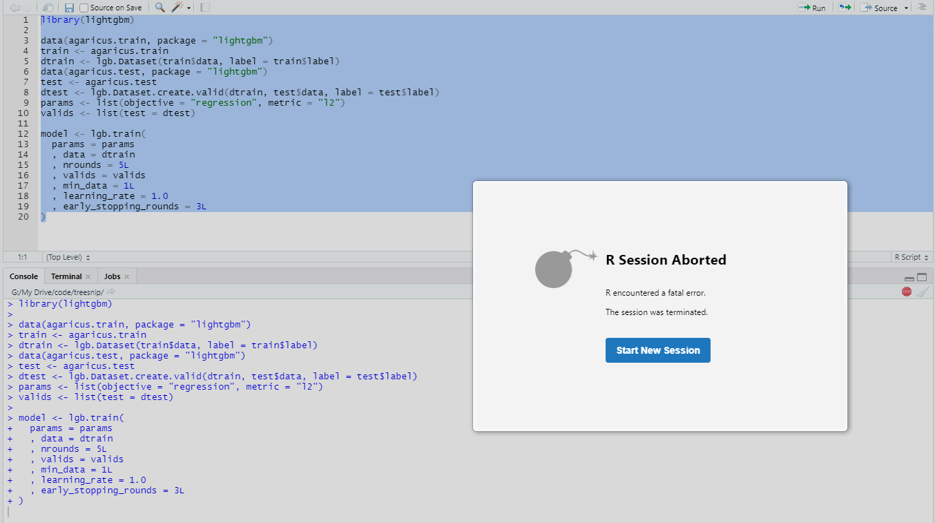 Rstudio crashes when running CRAN lightgbm example code, Rgui doesn't ...