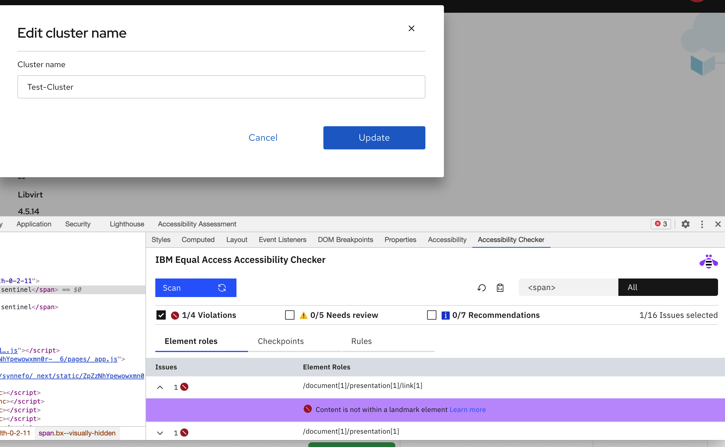 Carbon Modal component accessibility violation message "Content is not ...
