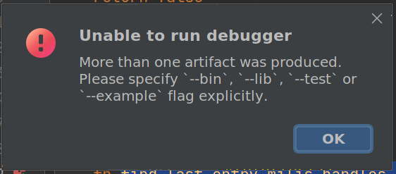 Debugging is not possible - More than one binary produced. Please specify `--bin`, `--lib ...