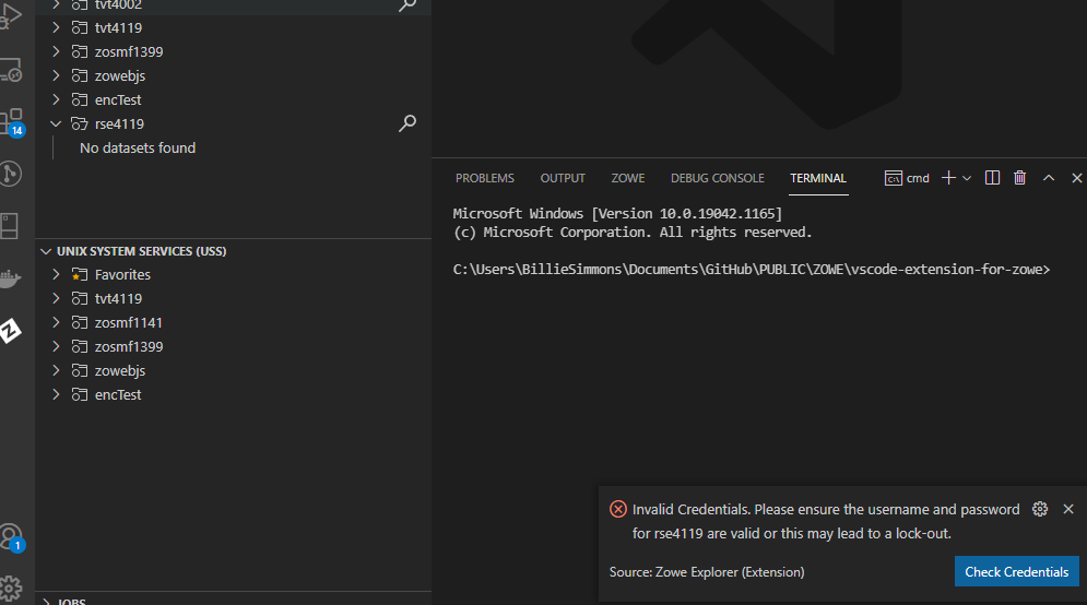 Password issue: Incorrect credentials · Issue #1176 · zowe/zowe-explorer-vscode · GitHub