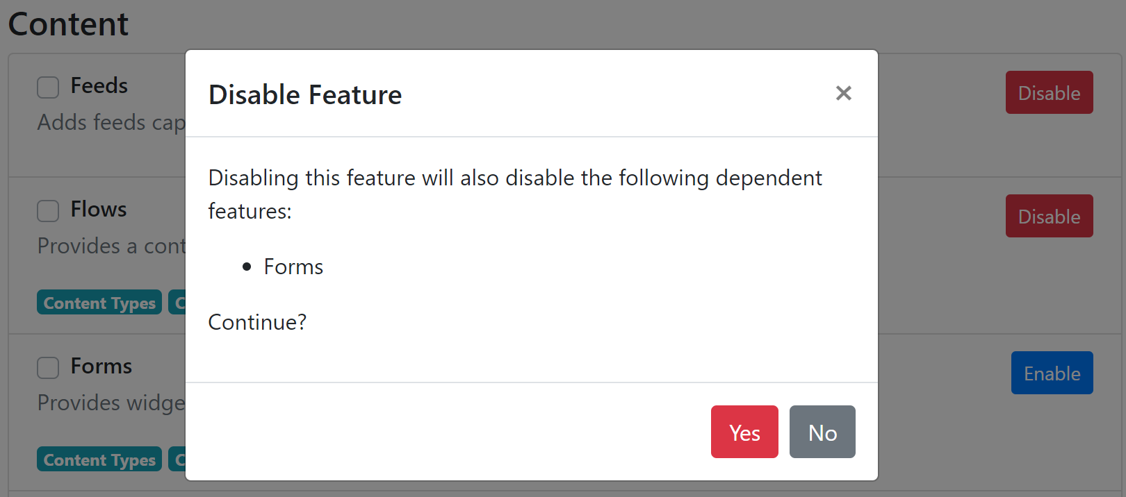 Disable feature warns that not enabled dependent features features will ...