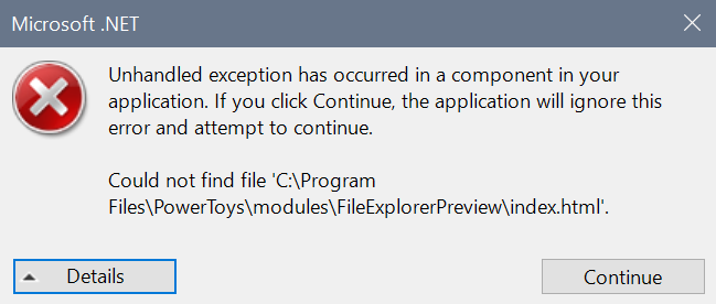 Preview Error: Could not find file `.../FileExplorerPreview/index.html ...
