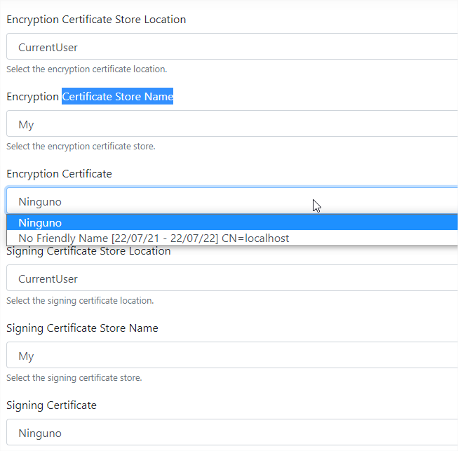 Documentation doesn't explain how to set thumbprint for both OpenId Encryption Certificate and ...