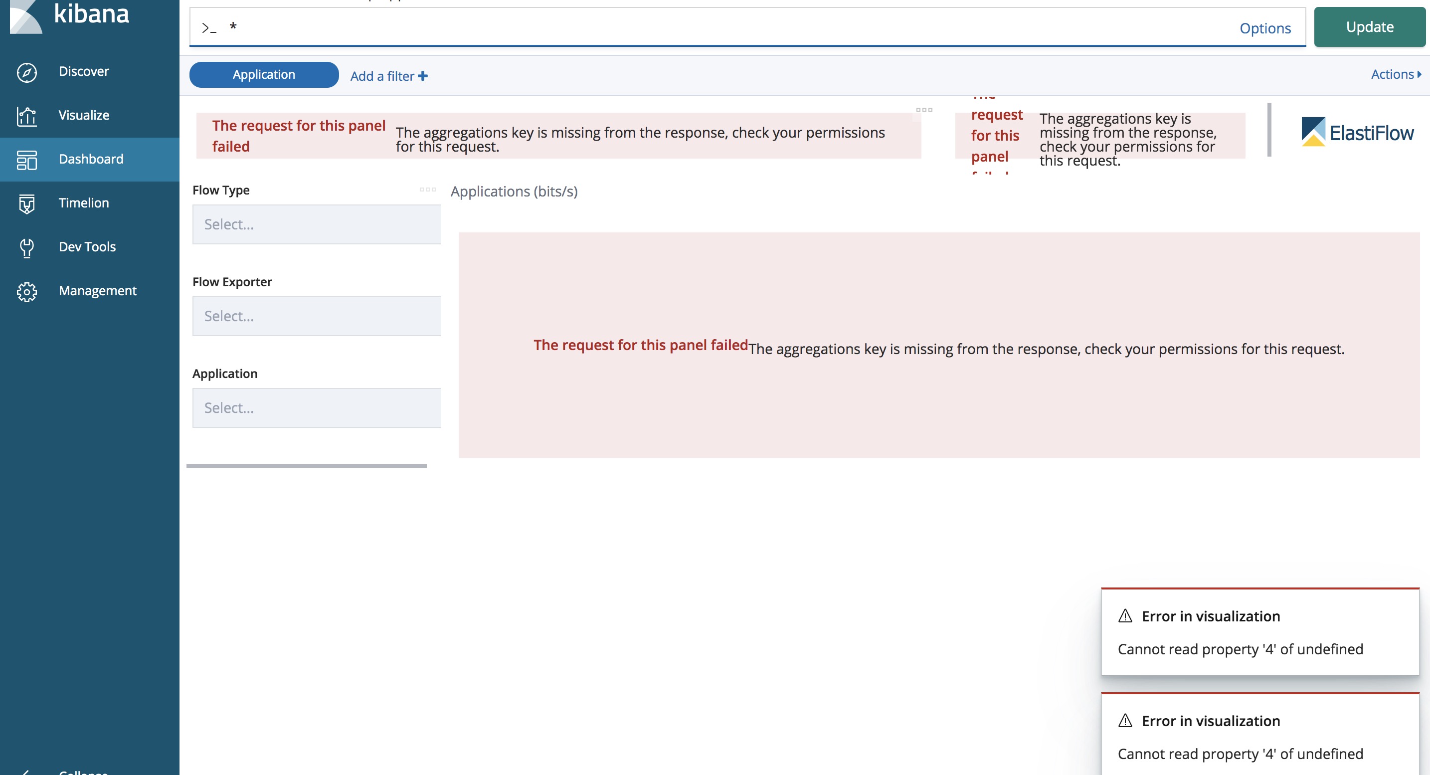 Dashboard ElastiFlow: Top Applications The request for this panel failed The aggregations key is ...