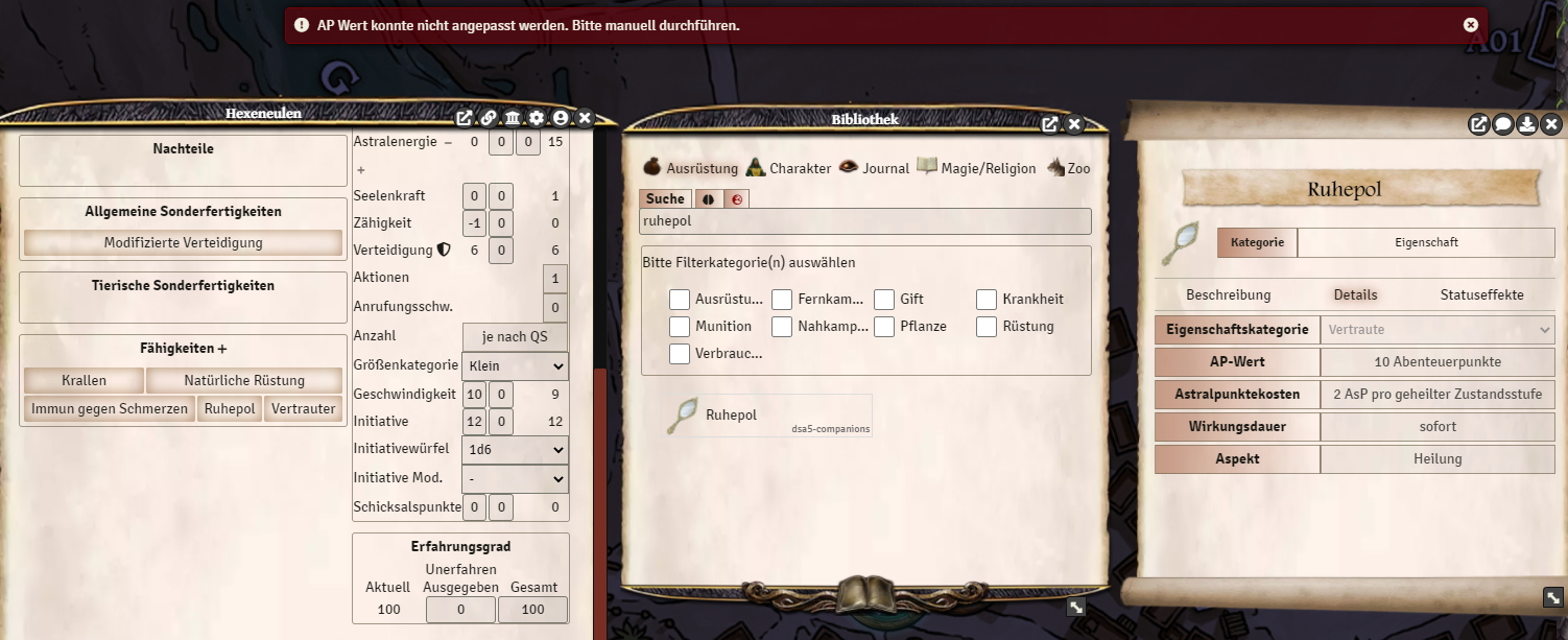 Companions/Tiergefährten: AP-Berechnung durch fehlerhafte Einträge ...