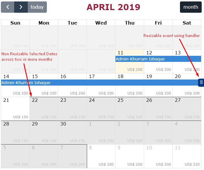 Resize option for Selected Dates across multiple months in FullCalendar ...