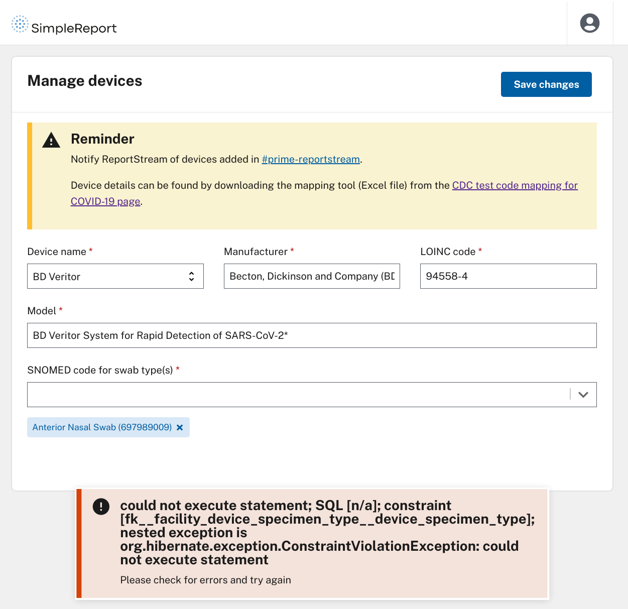 [BUG] Cannot remove swab type from device configuration if device-specimen type is used by ...