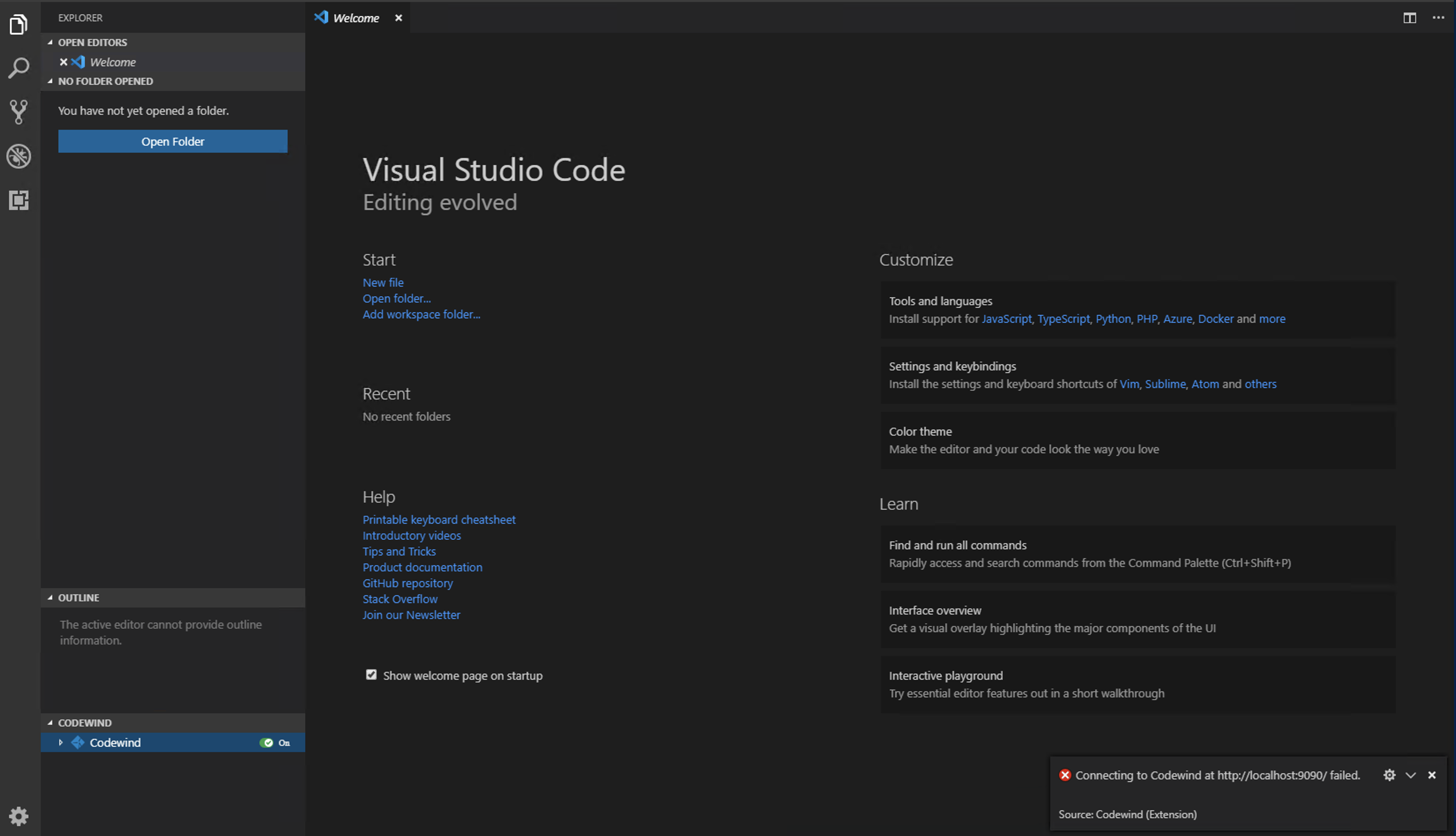 Toggle indicator changes to "On", even if an error occurs when connecting to Codewind at http ...