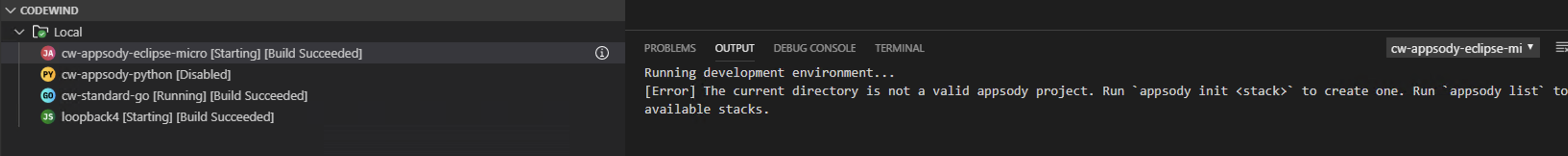 SVT: [Windows] Appsody projects are in "Disable" state the first time they are created or get ...