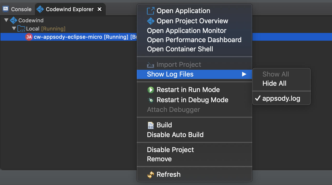 Svt Appsody Projects No Longer Have The Option Show Log Files In Eclipse · Issue 951