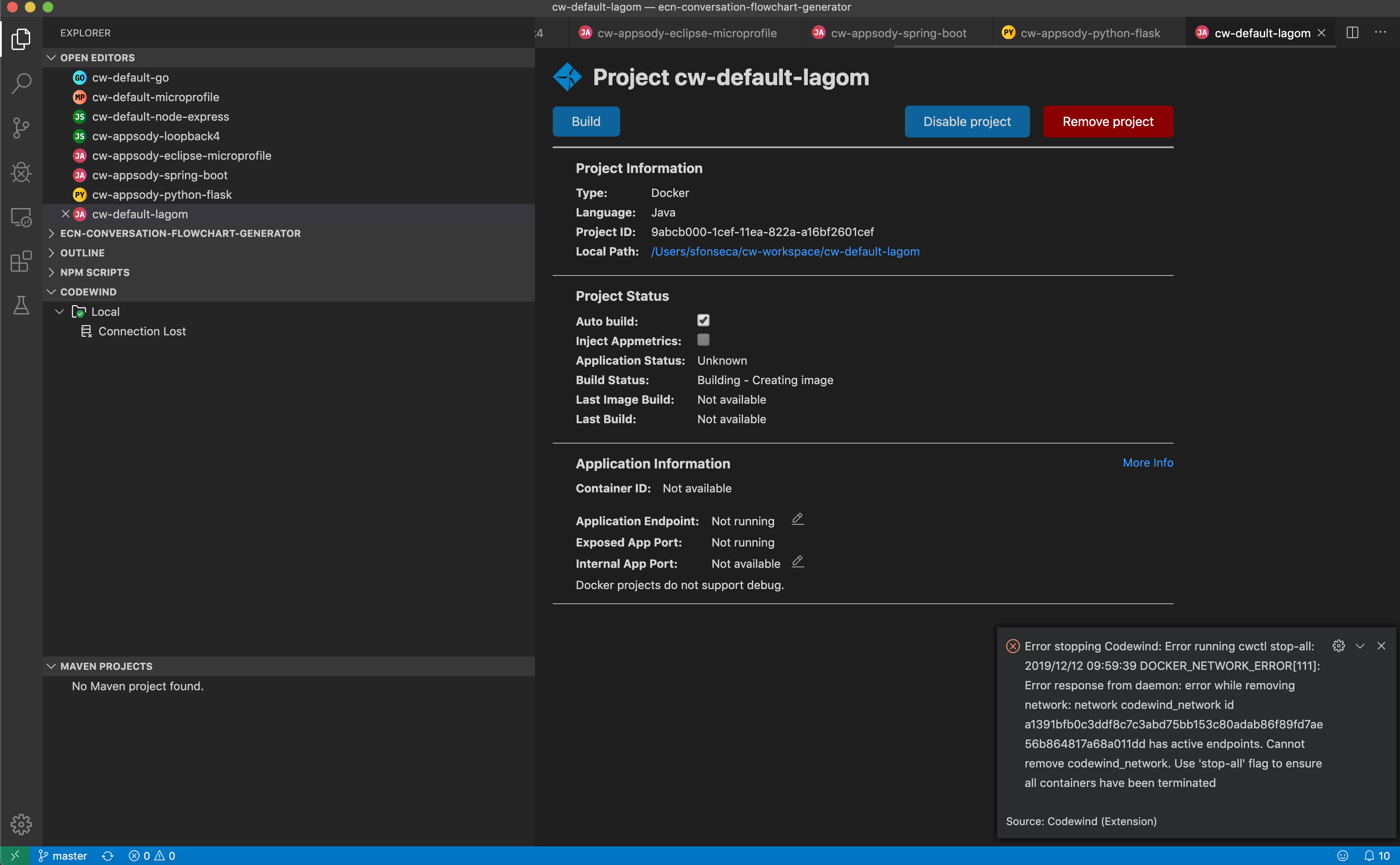 SVT: Codewind doesn't stop if a new container is starting between the collection of the ...