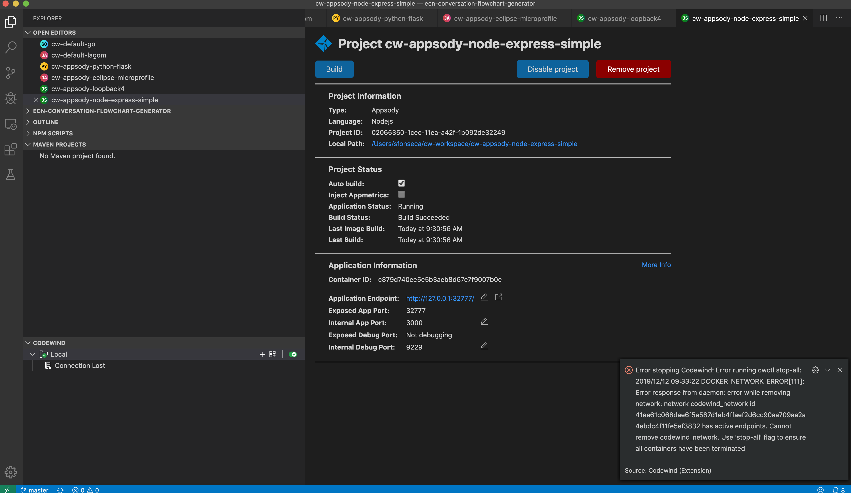 SVT: Codewind no longer starts or stops after migration because Appsody projects' pods didn't ...