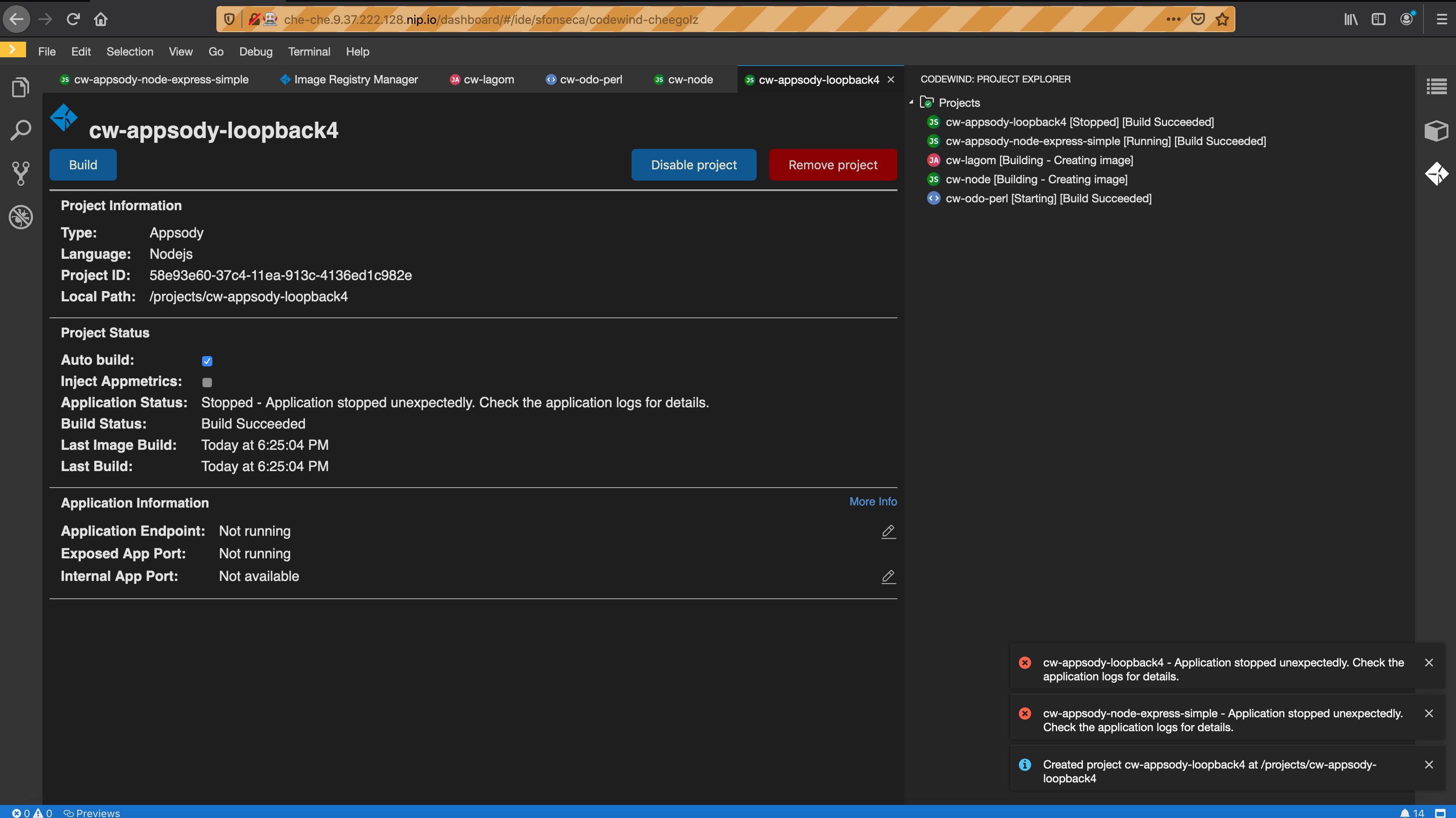 SVT: [Che] Application stopped unexpectedly · Issue #1769 · eclipse-archived/codewind · GitHub