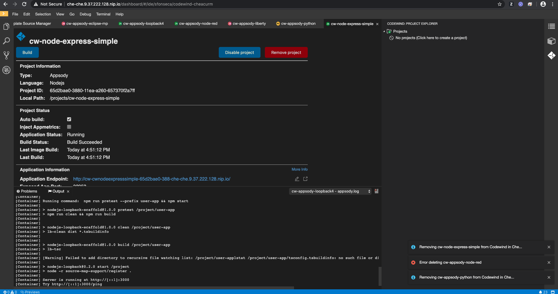 SVT: [Che] Error deleting project · Issue #1779 · eclipse-archived/codewind · GitHub