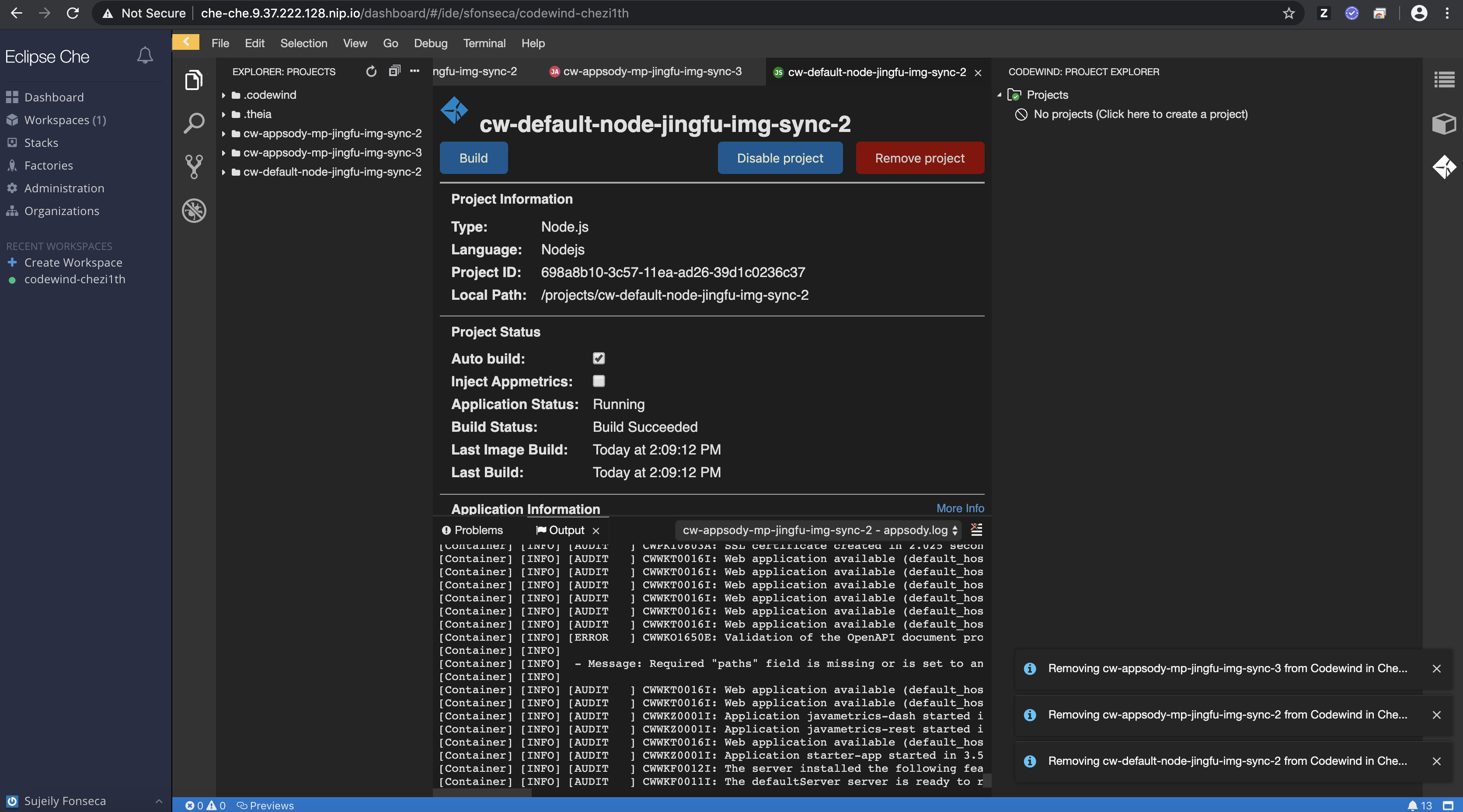 SVT: [Che] Error deleting project · Issue #1779 · eclipse-archived/codewind · GitHub