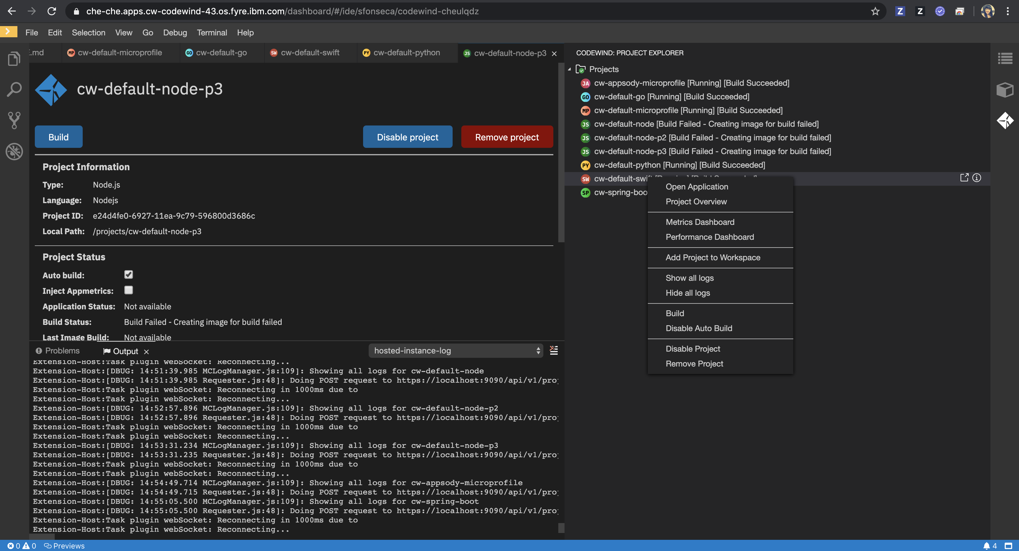 SVT: [Che] Logs are not automatically displayed if I right-click on a project and select "Show ...