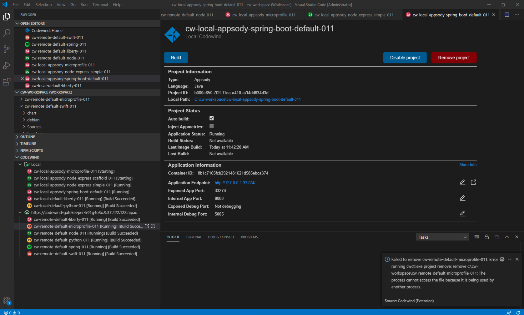 SVT: Failed to delete a Default WebSphere Liberty MicroProfile project after executing a load ...