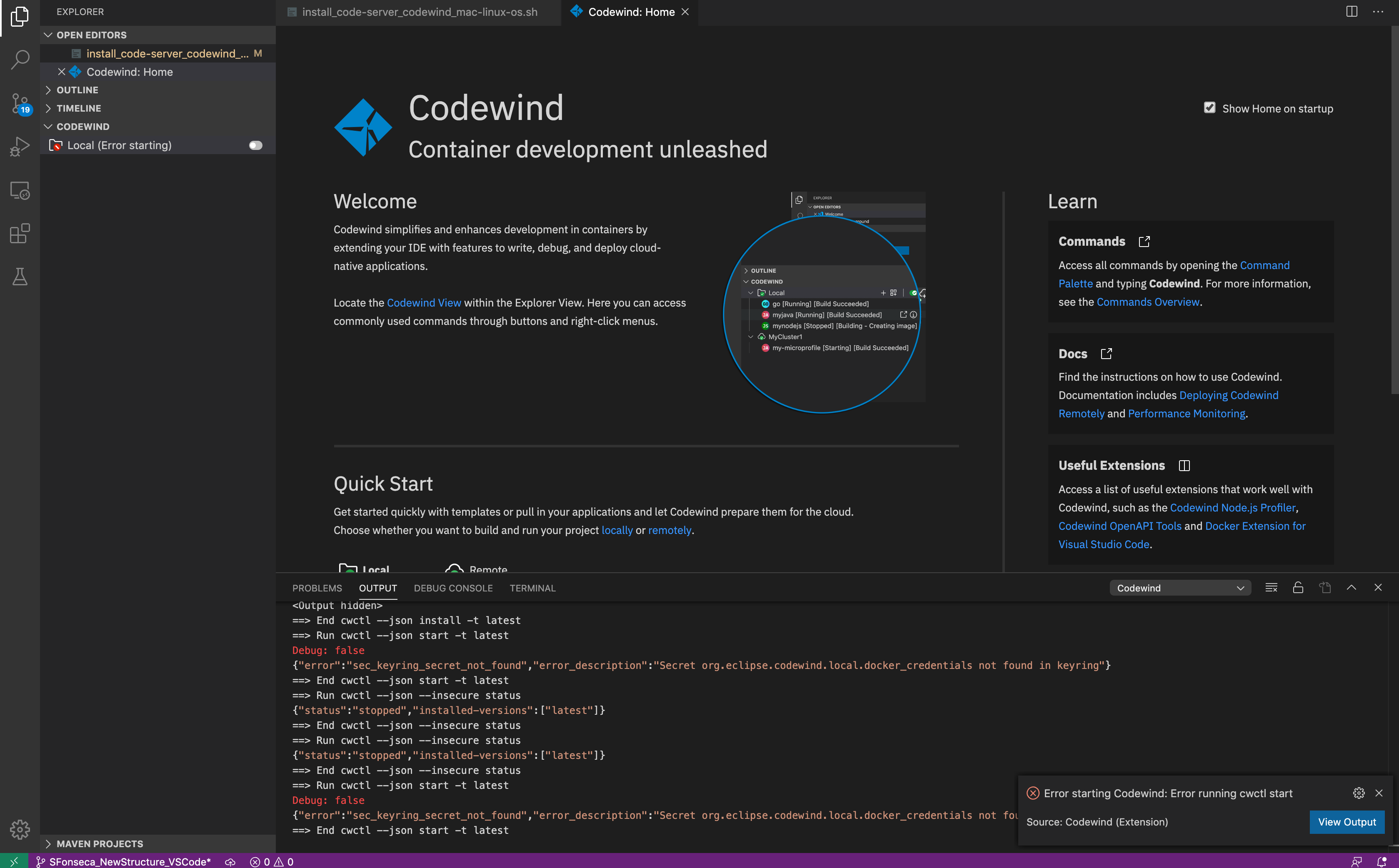 SVT: Error starting Codewind: Secret org.eclipse.codewind.local.docker_credentials not found in ...