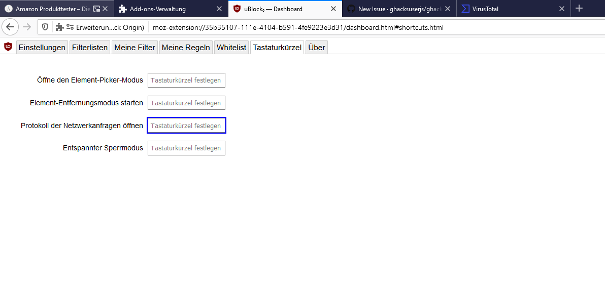 Can't add shortcuts to uBlock Origin [solved: toggle RFP] · Issue #861 · arkenfox/user.js · GitHub