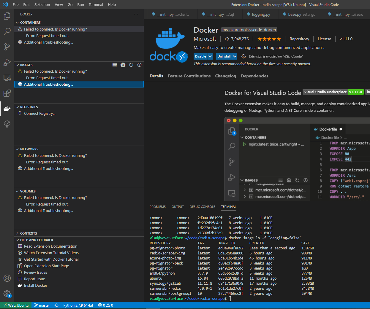 Docker extension does not show containers, images, etc. after changing context to remote machine ...
