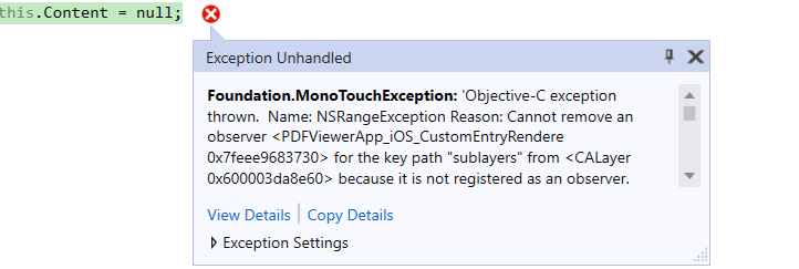 NsRangeException while leaving content page containing custom entry with Xamarin Forms (v5.0.0. ...