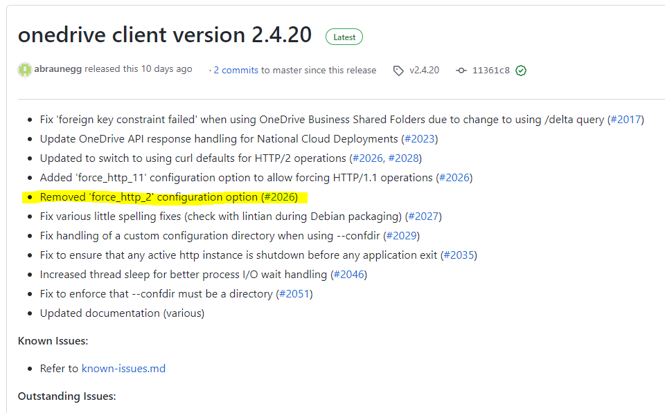 Bug: Unknown key in config file: force_http_2 · Issue #2063 · abraunegg/onedrive · GitHub