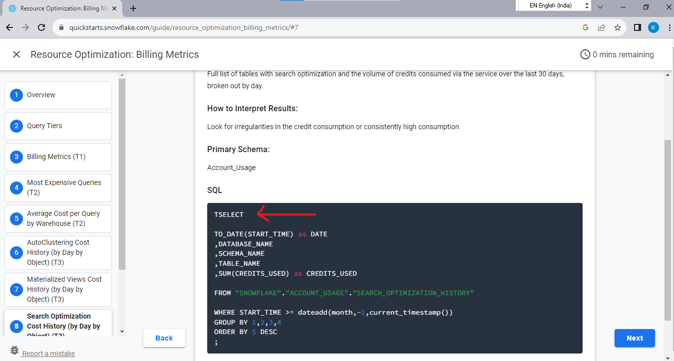 Snowflake Quickstart Resource Optimization Fixing Billing Metrics Query Typo · Issue 802 