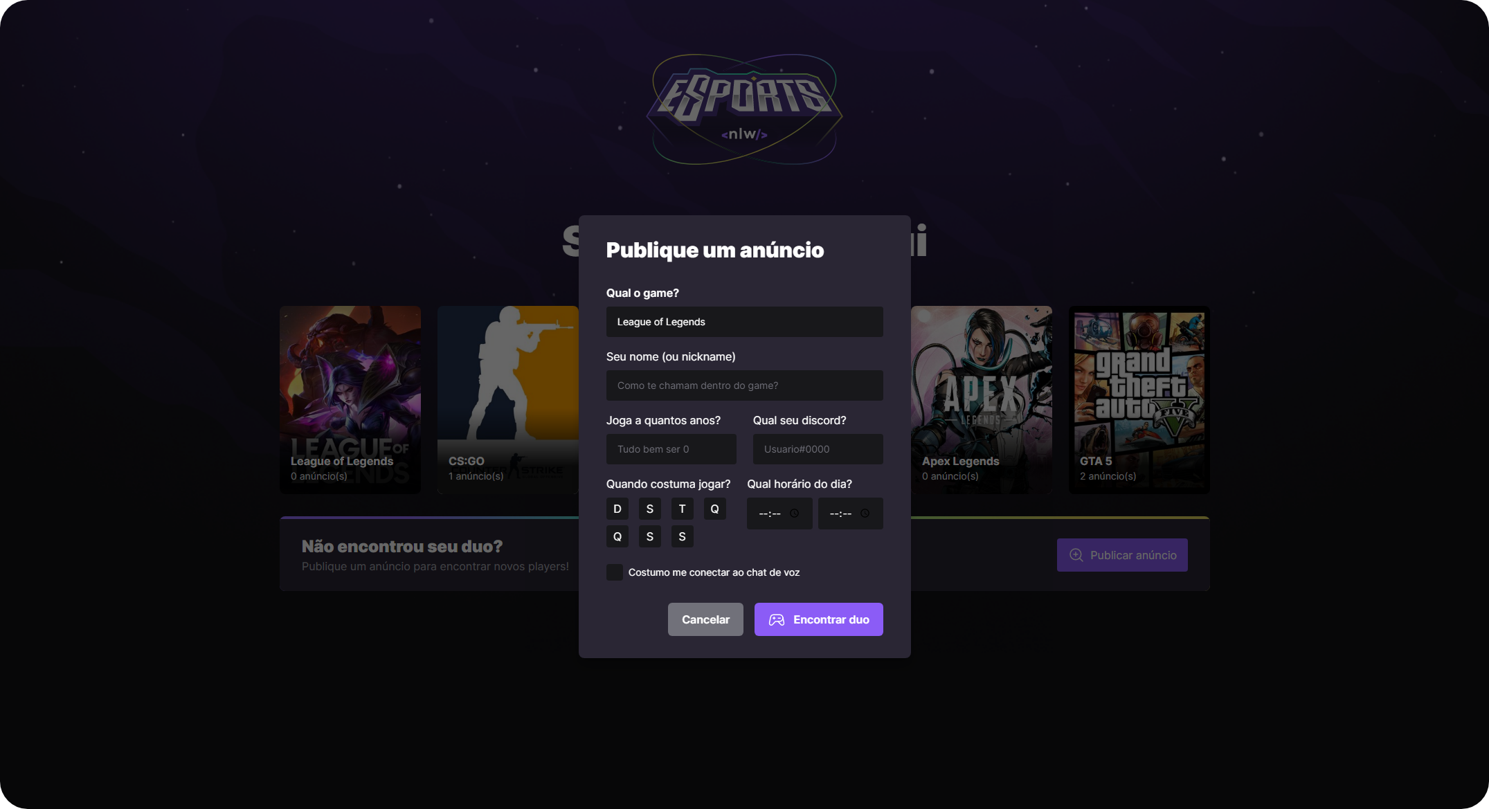 GitHub - lucasdebeterco/nlw-esports: Projeto Find your DUO, ambiente de desenvolvimento com Node ...