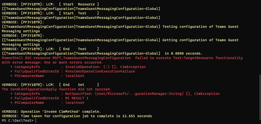 Powershell Dsc Resource Msftteamsguestmeetingconfiguration Failed To Execute Test