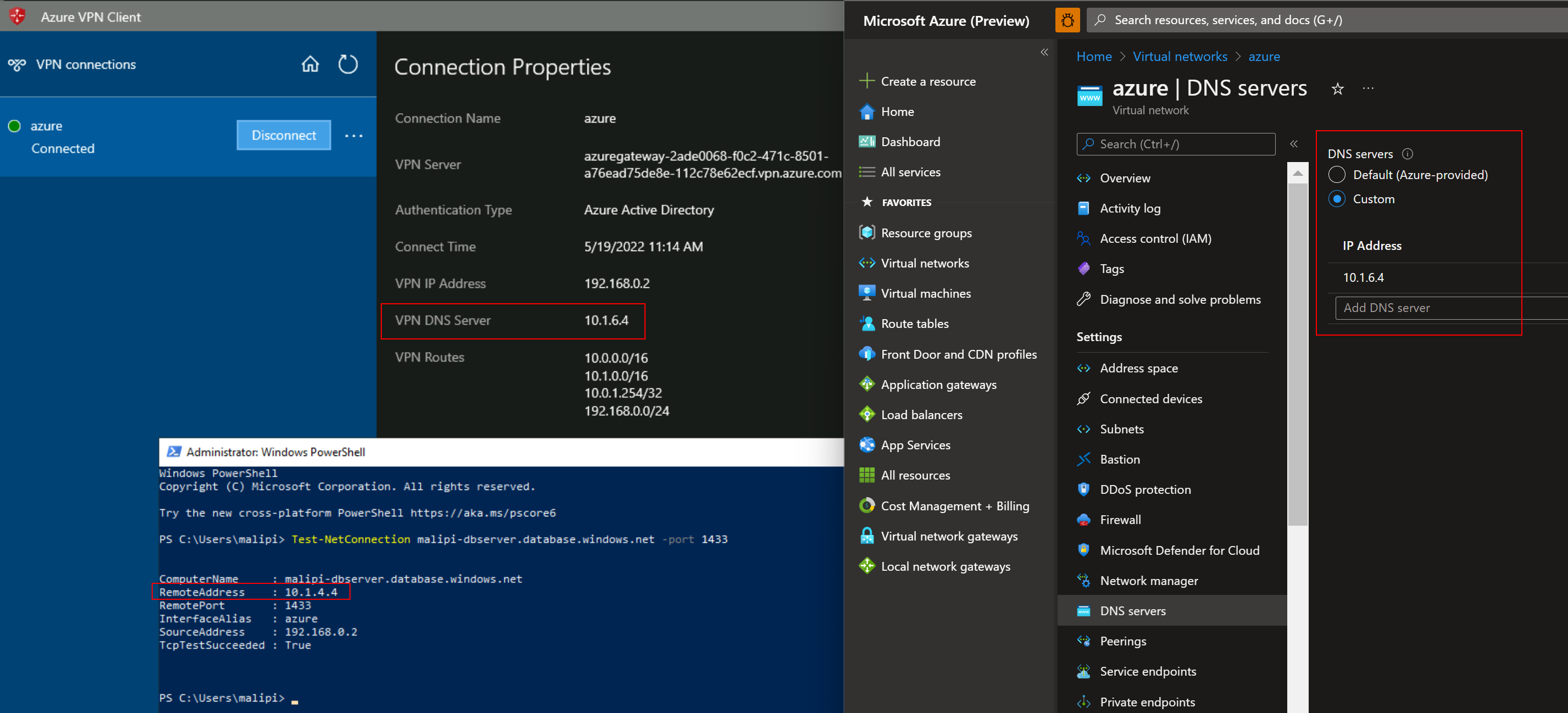 P2S clients won't resolve Private DNS Zones unless you set VNET DNS to ...