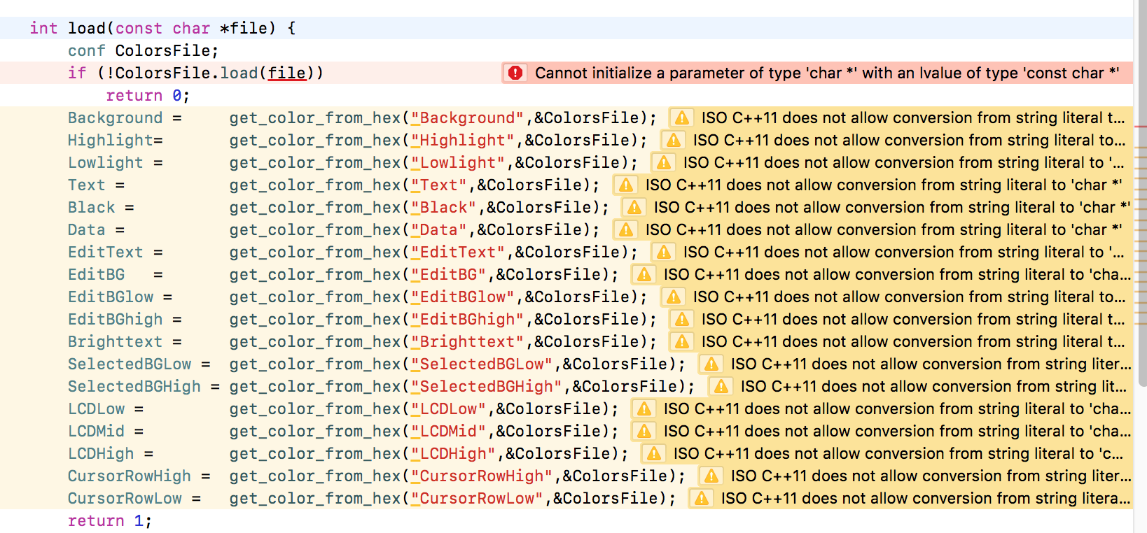 Semantic Issues: ISO C++11 does not allow conversion from string ...