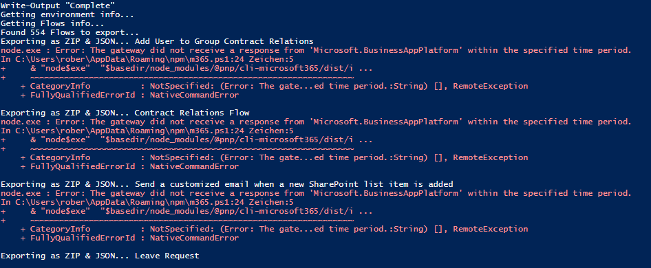 Bug report: Gateway timeout on flow export · Issue #3393 · pnp/cli-microsoft365 · GitHub