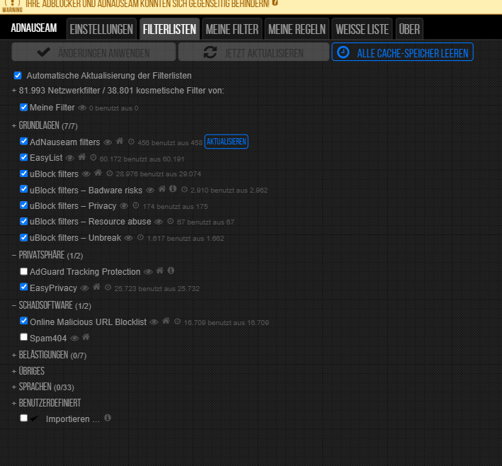 Total loss of filters/filter lists · Issue #1930 · dhowe/AdNauseam · GitHub